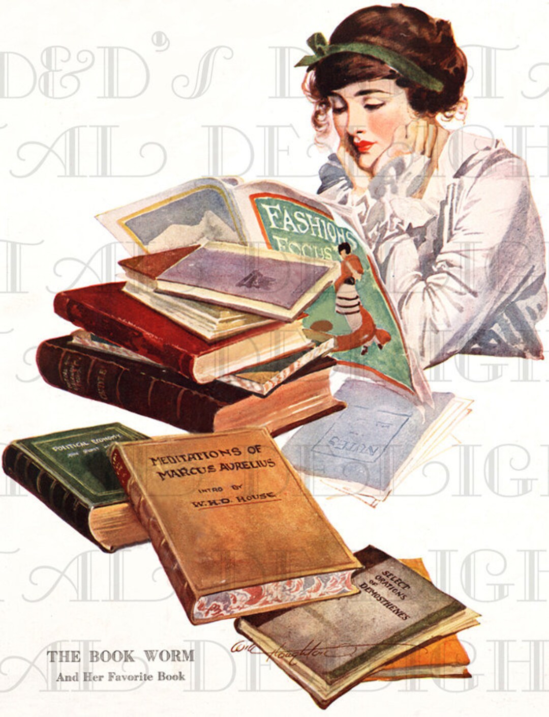 BOOKWORM. Cute Flapper is READING. Vintage Art Deco Illustration ...