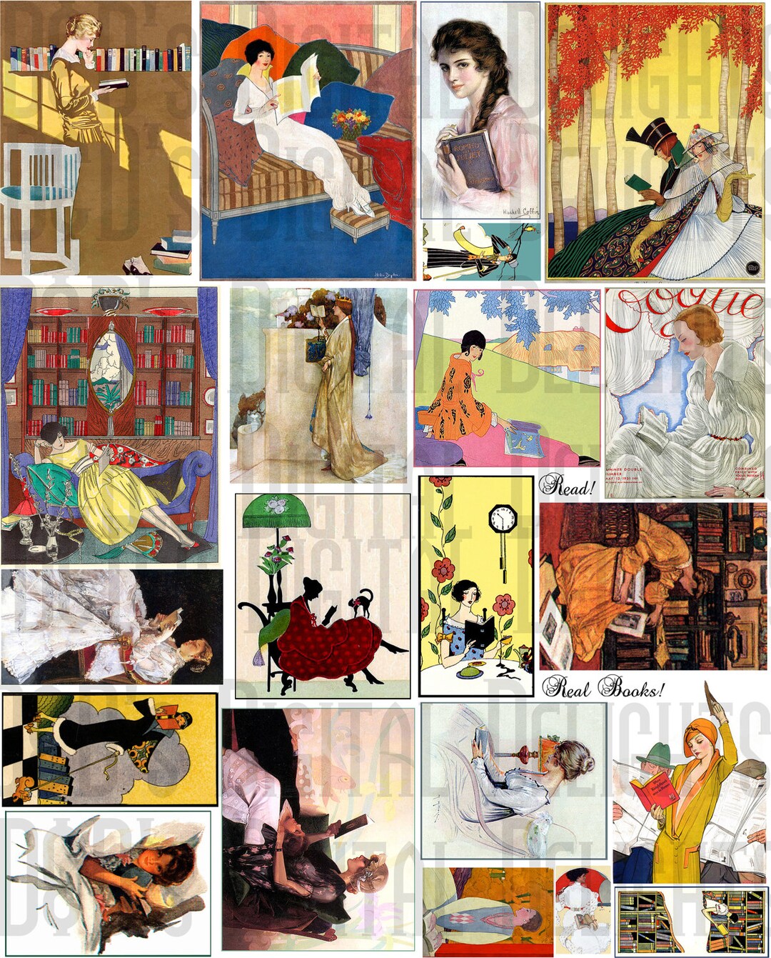 WOMEN READING! Vintage Reading Illustration Collage. Digital Books ...