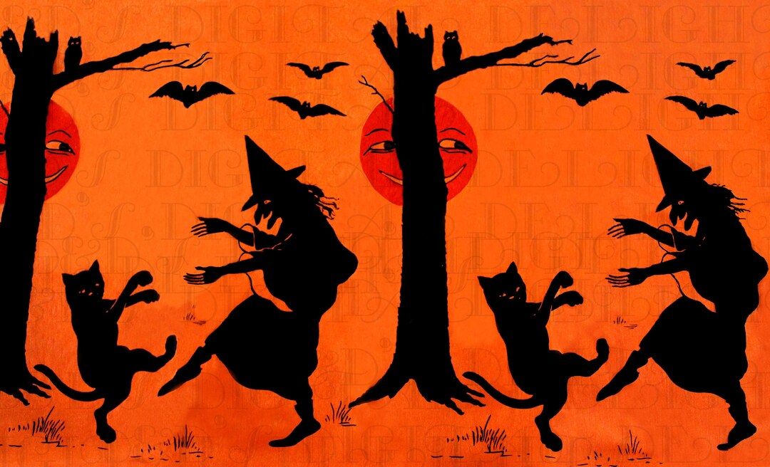 RARE!! Halloween Gleeful Witch and Black Cat Dance Halloween Crepe ...