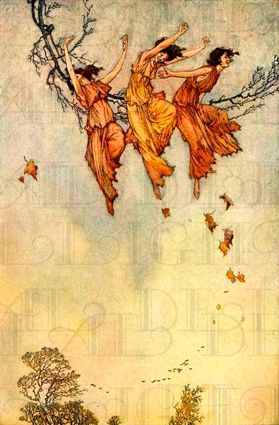 Art Nouveau Autumn Leaves Ladies! Vintage Autumn Illustration. Digital ...