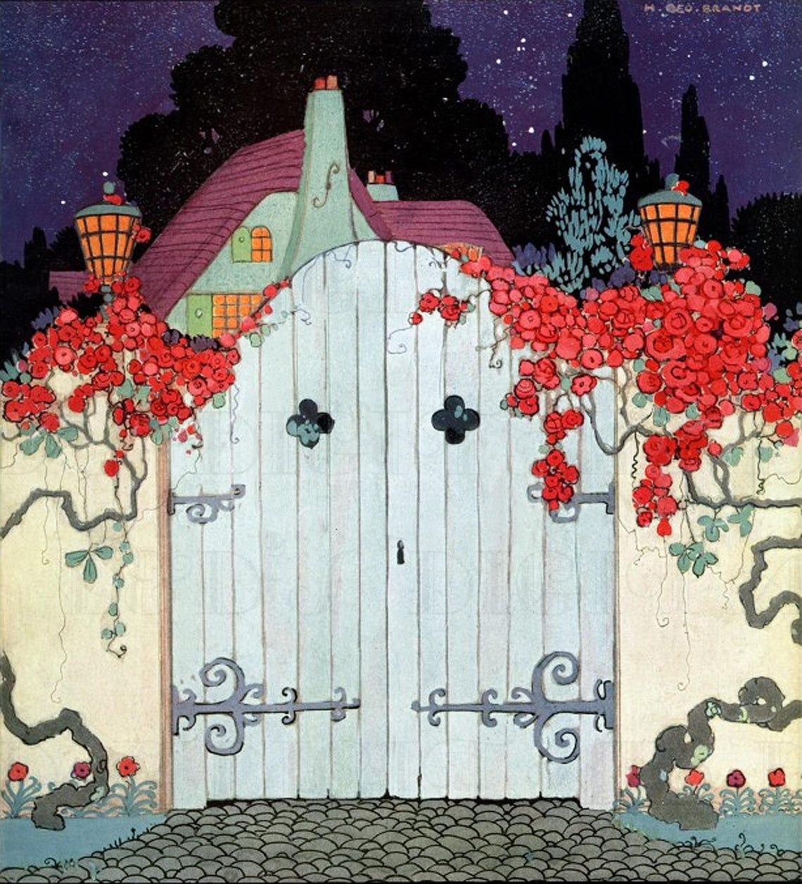 1920s Vintage Cottage Illustration: Rose-covered Gate (digital Download ...