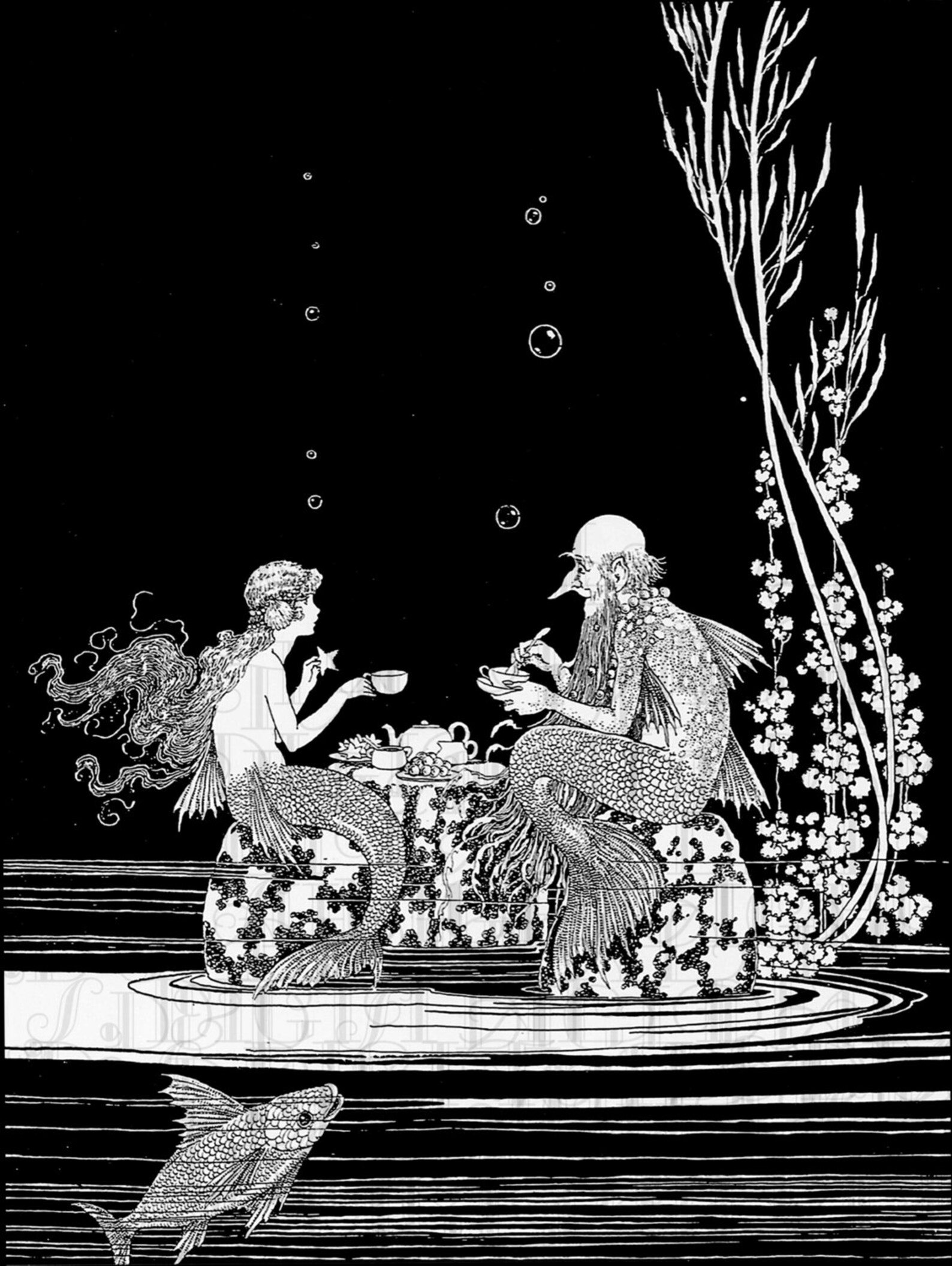 MERMAID Chats With MERMAN Vintage Mermaid Illustration. - Etsy