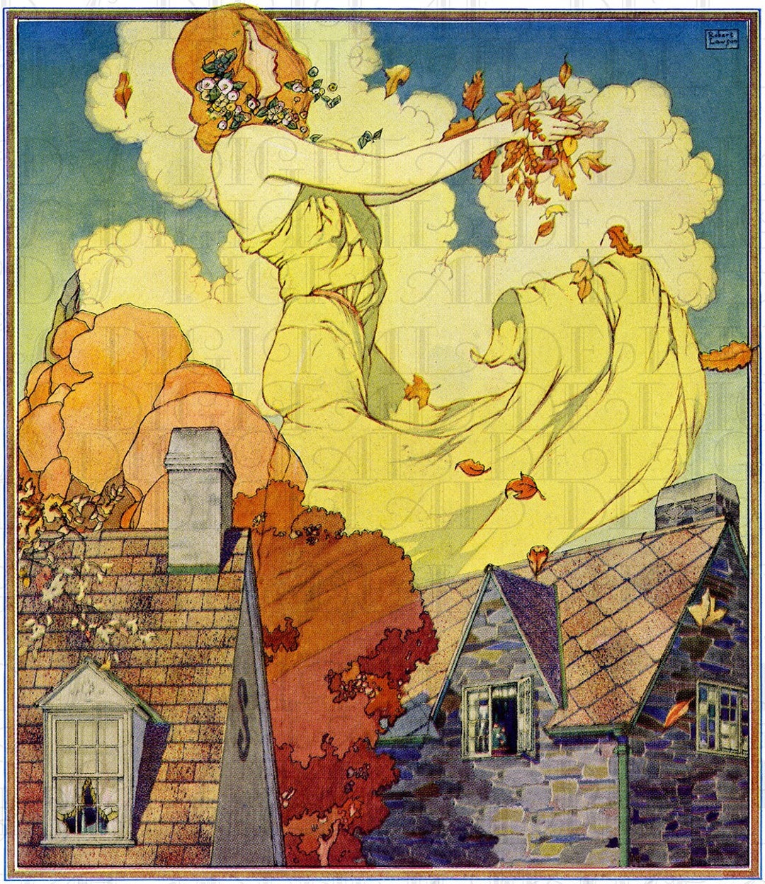 Spirit of AUTUMN Art Deco Autumn COTTAGE Magazine Illustration. Digital ...