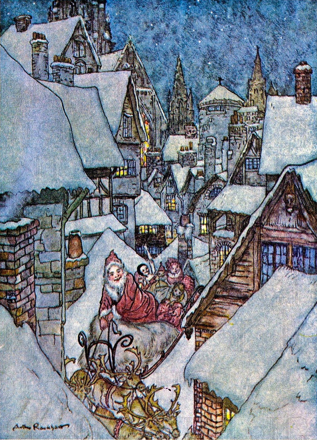 Over the Rooftops! Arthur Rackham VINTAGE Christmas Illustration ...