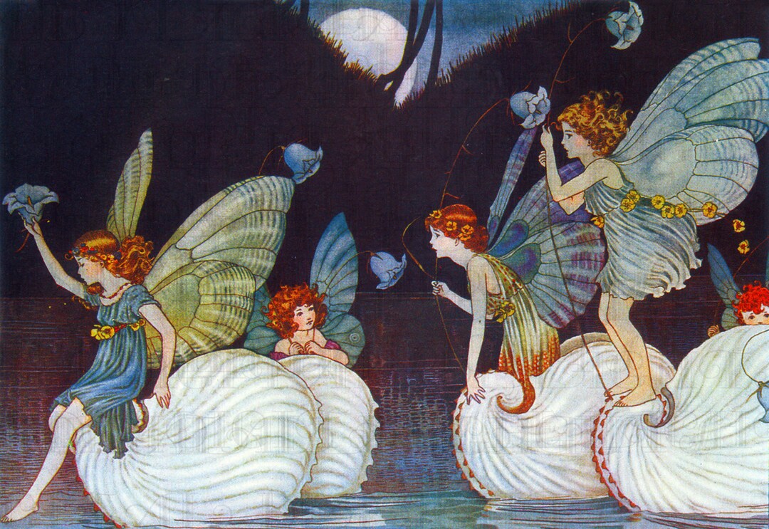DAZZLING Fairies Ride on Sea Shells! Fairy Vintage DIGITAL Illustration ...