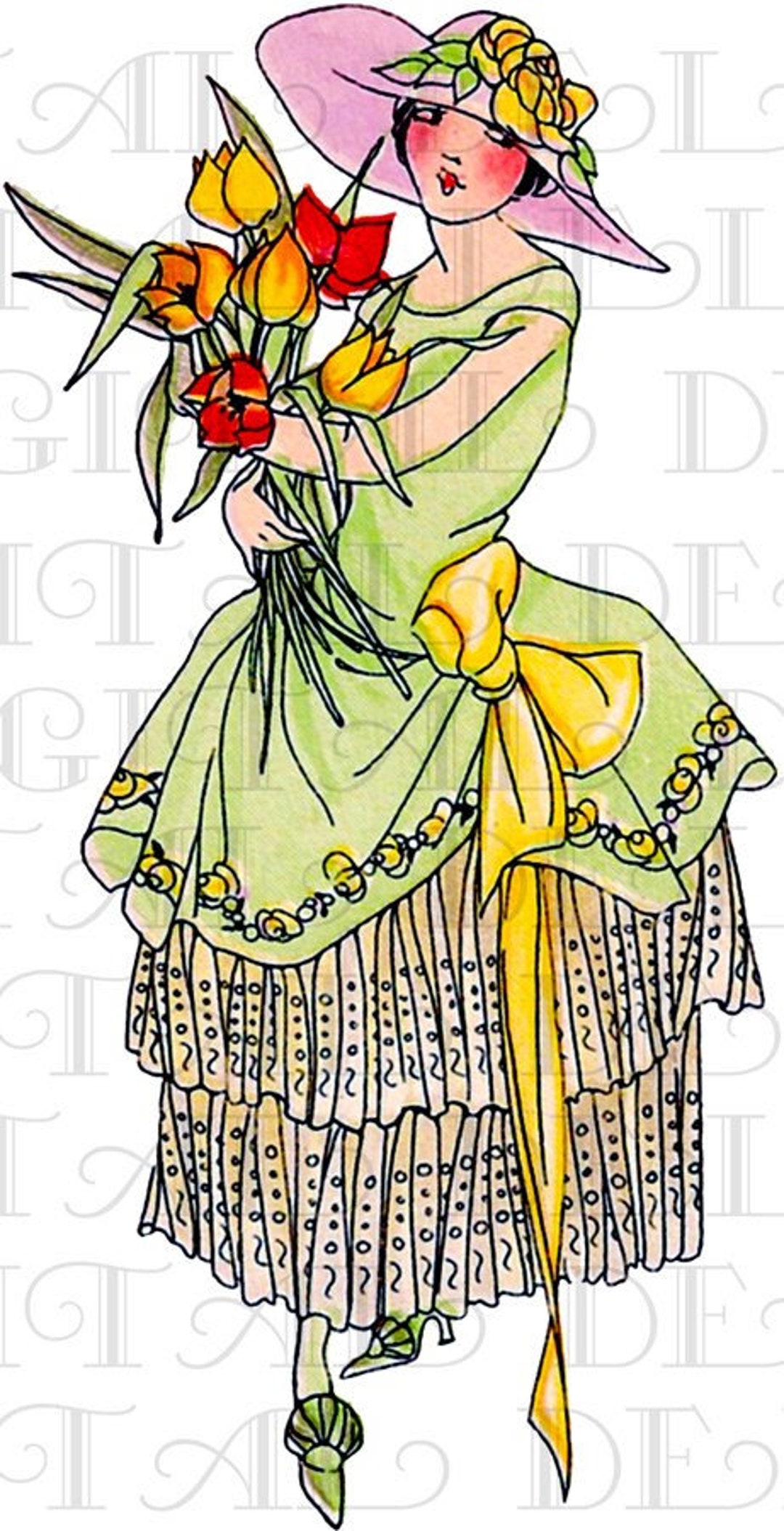 Gorgeous SPRING Flapper With Tulips. VINTAGE Illustration. DIGITAL ...