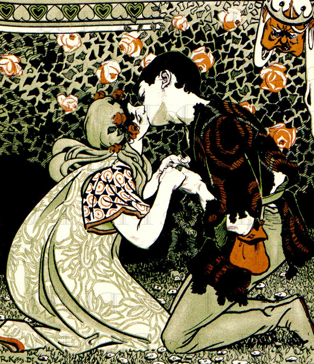 Rare. Lovers Meet Under the Roses. Vintage Art Nouveau Illustration ...