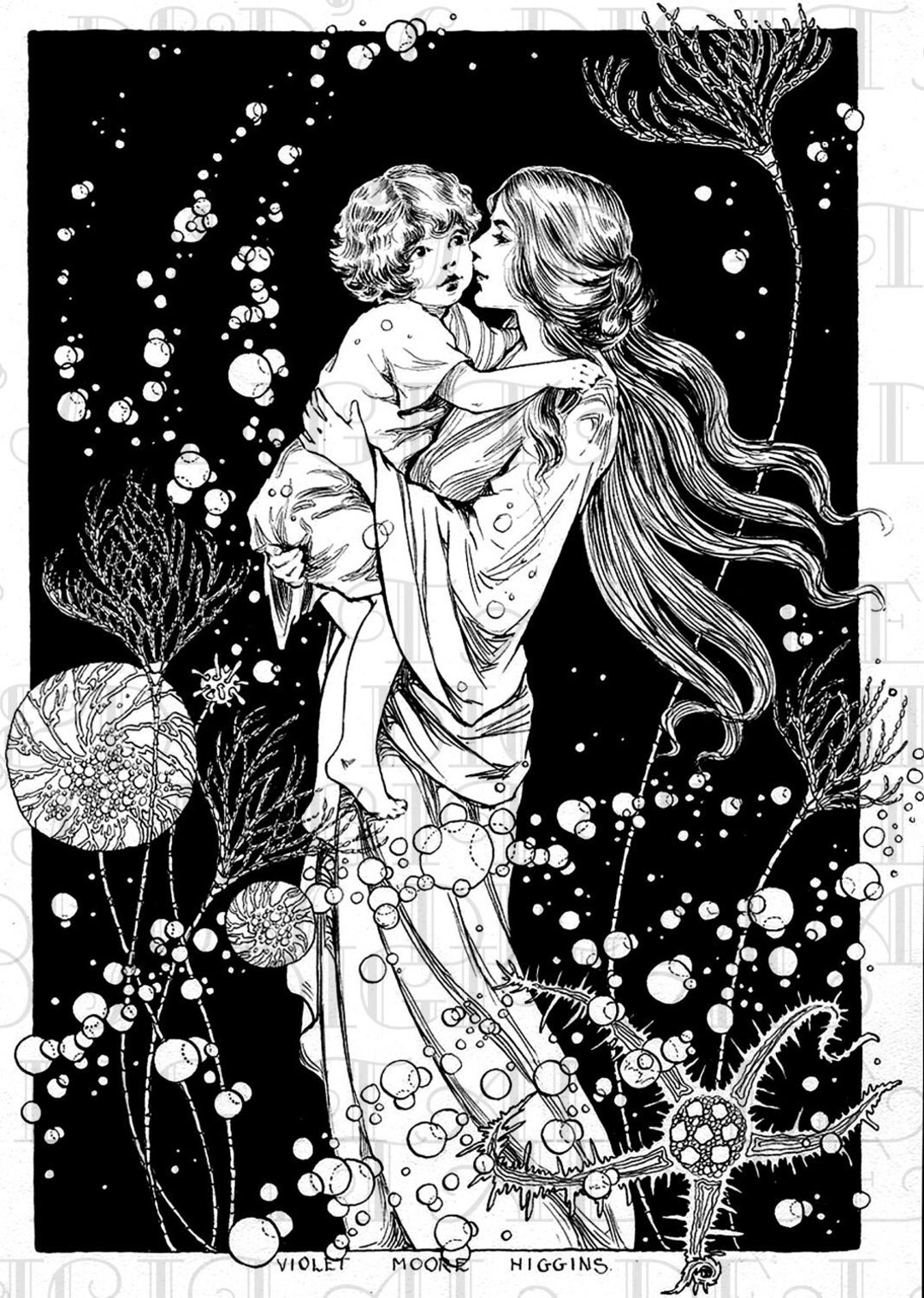Mother MERMAID and Child. Fairy Tale Vintage DIGITAL Illustration ...
