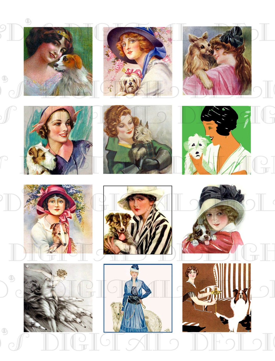 Deco FLAPPERS and Pet DOGS! Vintage Illustration. Digital Flapper ...