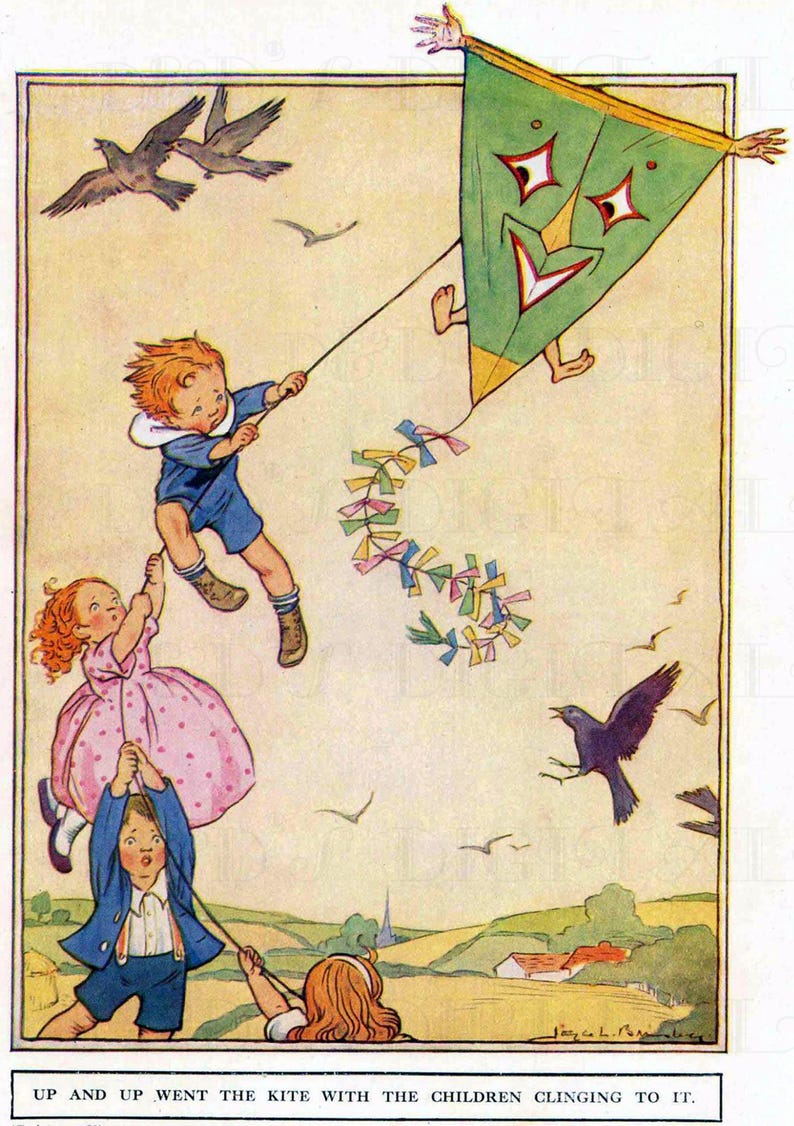 Vintage Children's Illustration: March Kite Scene (digital Download, 7 ...