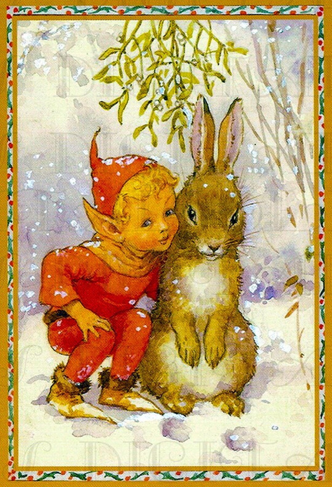 Adorable Little Boy Elf and His Big Bunny Friend. Vintage Illustration ...