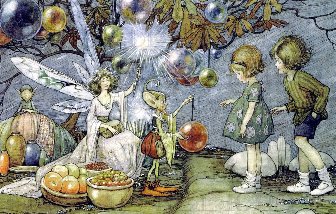 ENCHANTING Elves, Fairies Delight Children With BUBBLES! Vintage Fairy ...