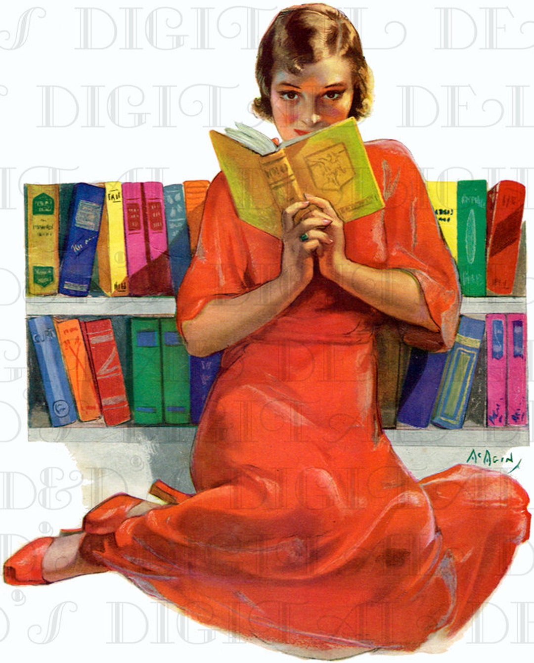 Colorful READING. 1920s Flapper Vintage Illustration. Reading Digital ...