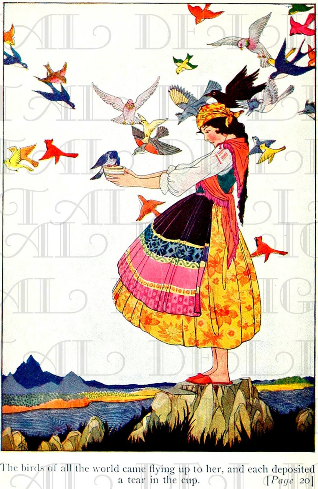 Flying Beautiful Birds. Fairy Tale Vintage DIGITAL Illustration ...