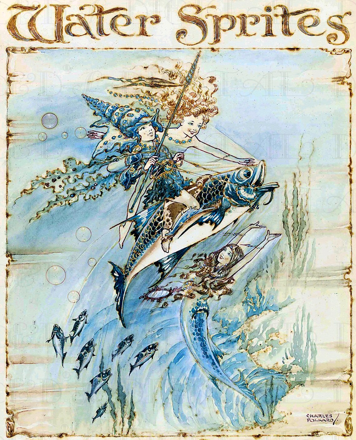 Vintage Mermaid Illustration: Water Sprites Fairy Tale (digital ...