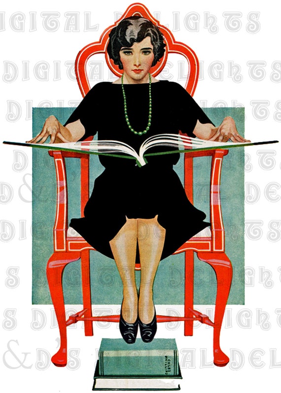 Foot Stool. Flapper READING. Vintage Books ILLUSTRATION. - Etsy