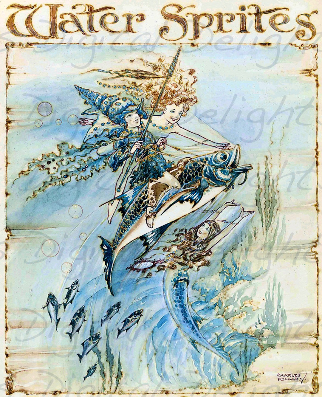 WATER Sprites! Vintage MERMAID Illustration. Vintage Fairy Tale Digital ...
