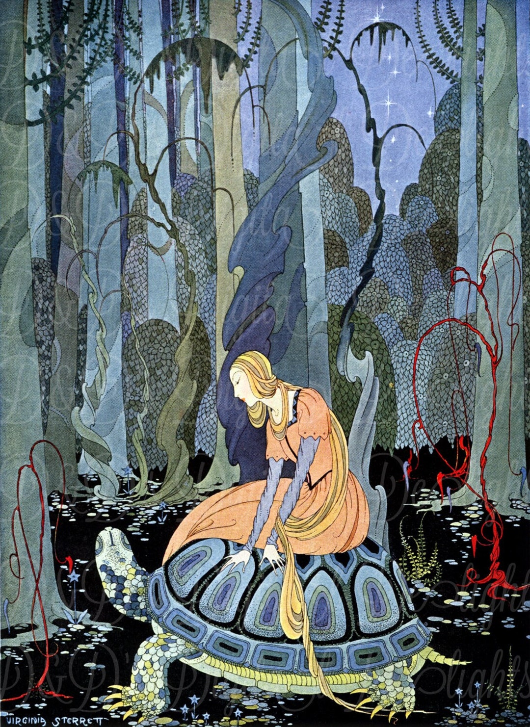 RARE. Princess on Turtle. Art DECO French Fairy Tale Digital Download ...