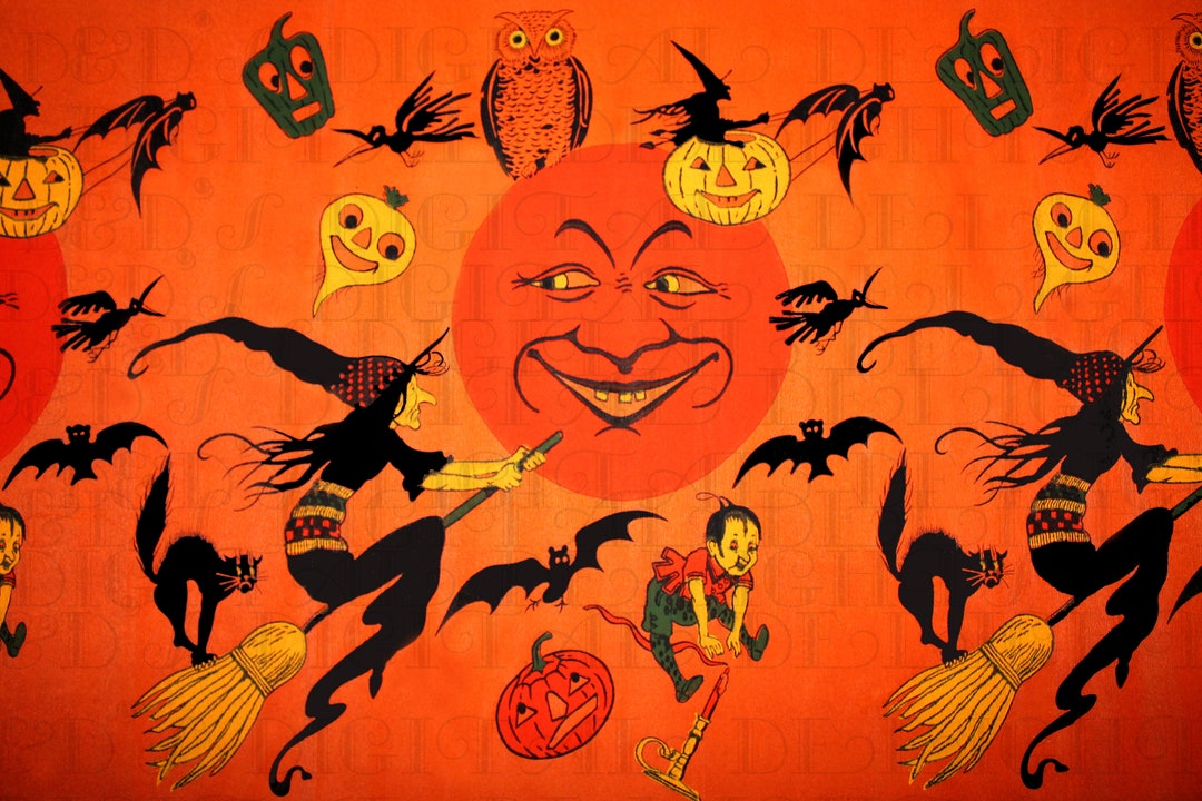 RARE!! Halloween Grinning Moon/flying Witch/leaping Boy Halloween Crepe ...