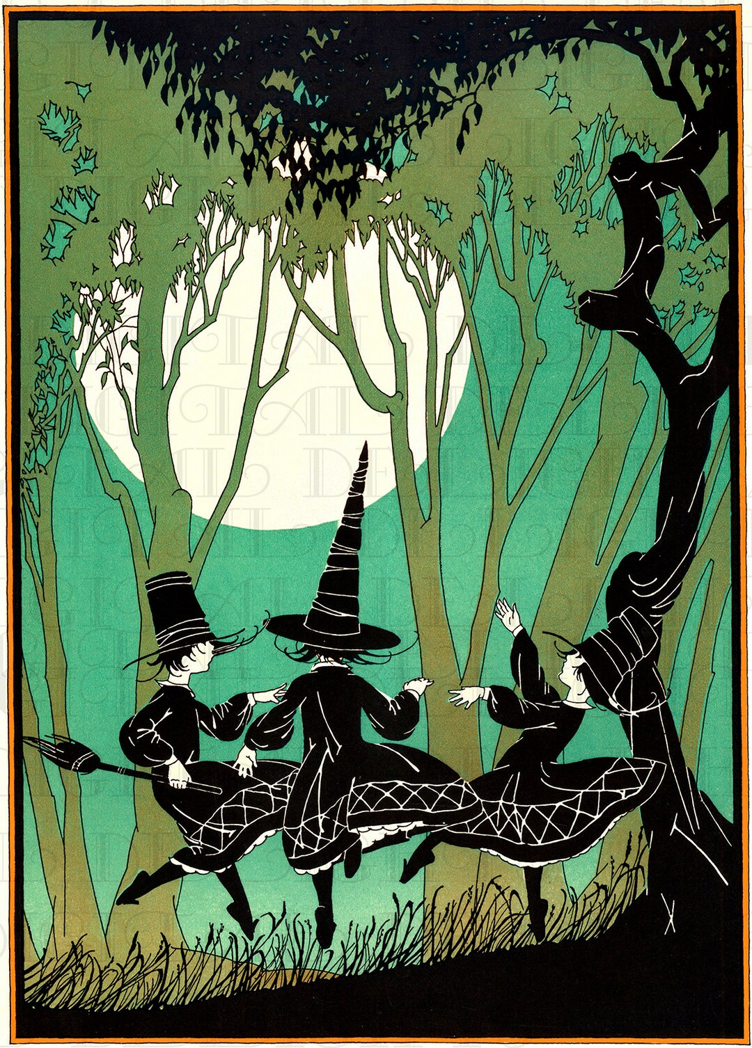 RARE! Exuberant Little Dancing Witches! Vintage Halloween Illustration ...