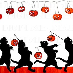 Vintage Halloween Parading Black Cats Crepe Paper Illustration (digital ...