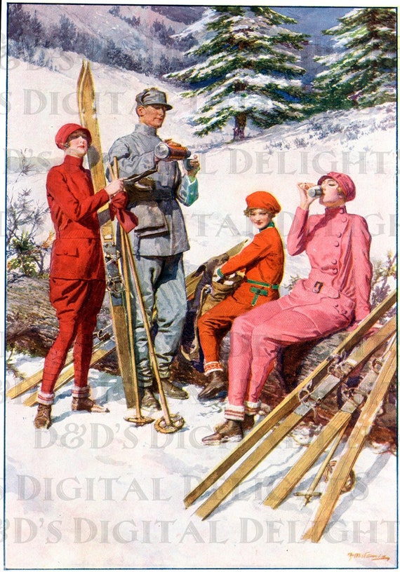 RARE Festive Ski Party. Art Deco Vintage Winter Illustration. - Etsy