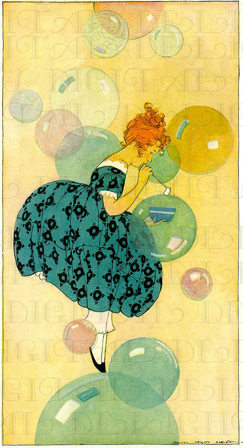 Blowing Bubbles Vintage Digital Little Girl Illustration Download. Digital Vintage 1920s ...