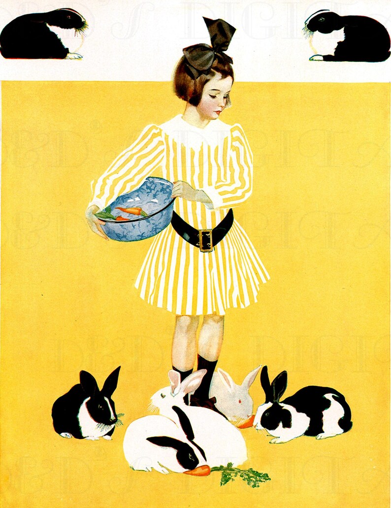 Bright Yellow Spring Bunnies. VINTAGE Rabbit Illustration. Bunny ...