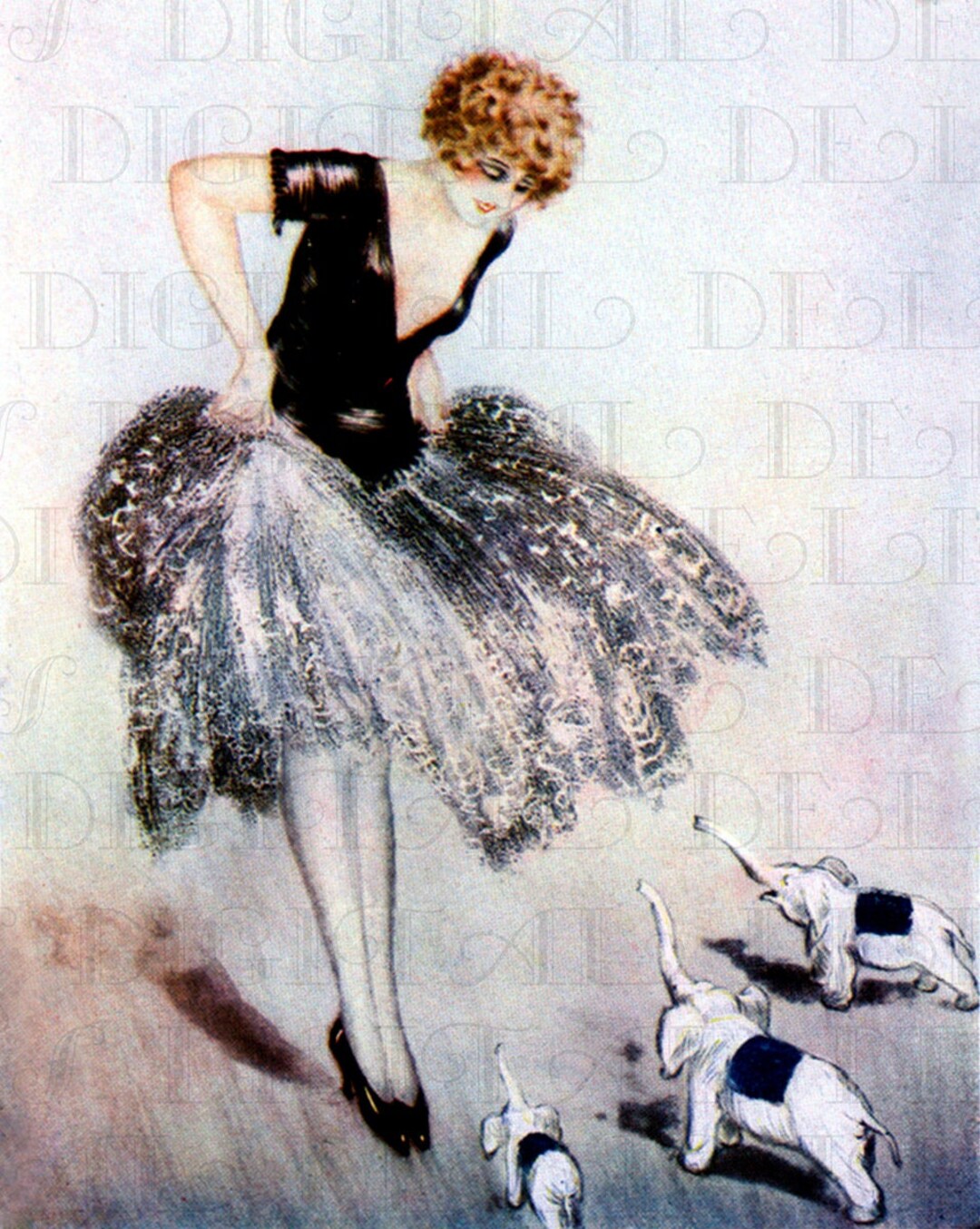 RARE Flapper Attacked by Elephants. VINTAGE Art Deco ILLUSTRATION. Art ...