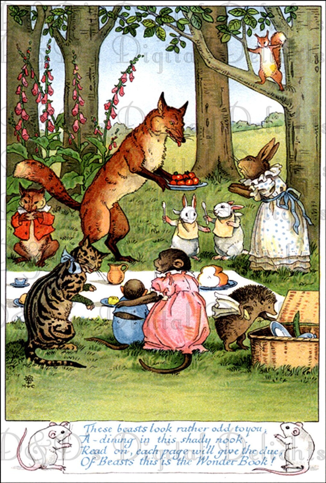 Animal Picnic/vintage Fun Postcard DIGITAL Illustration - Etsy