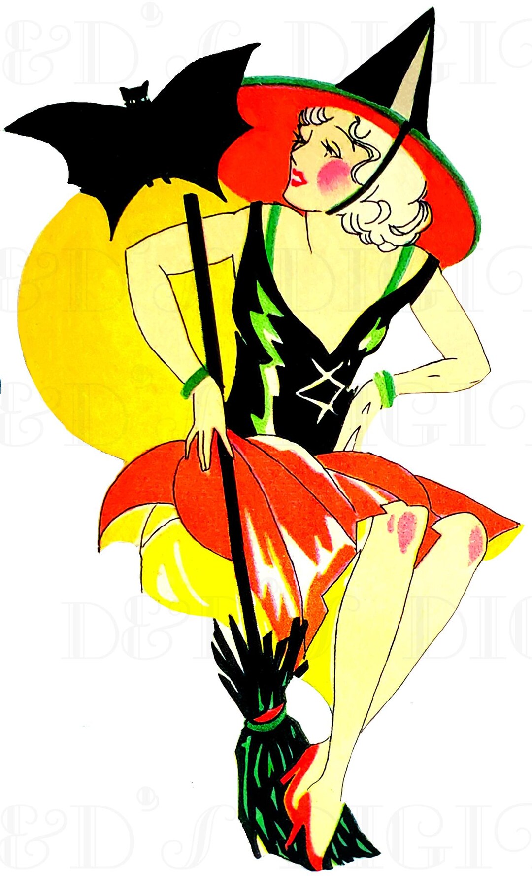 Halloween Flapper and Pet Bat? Vintage Illustration: Art Deco Bridge ...