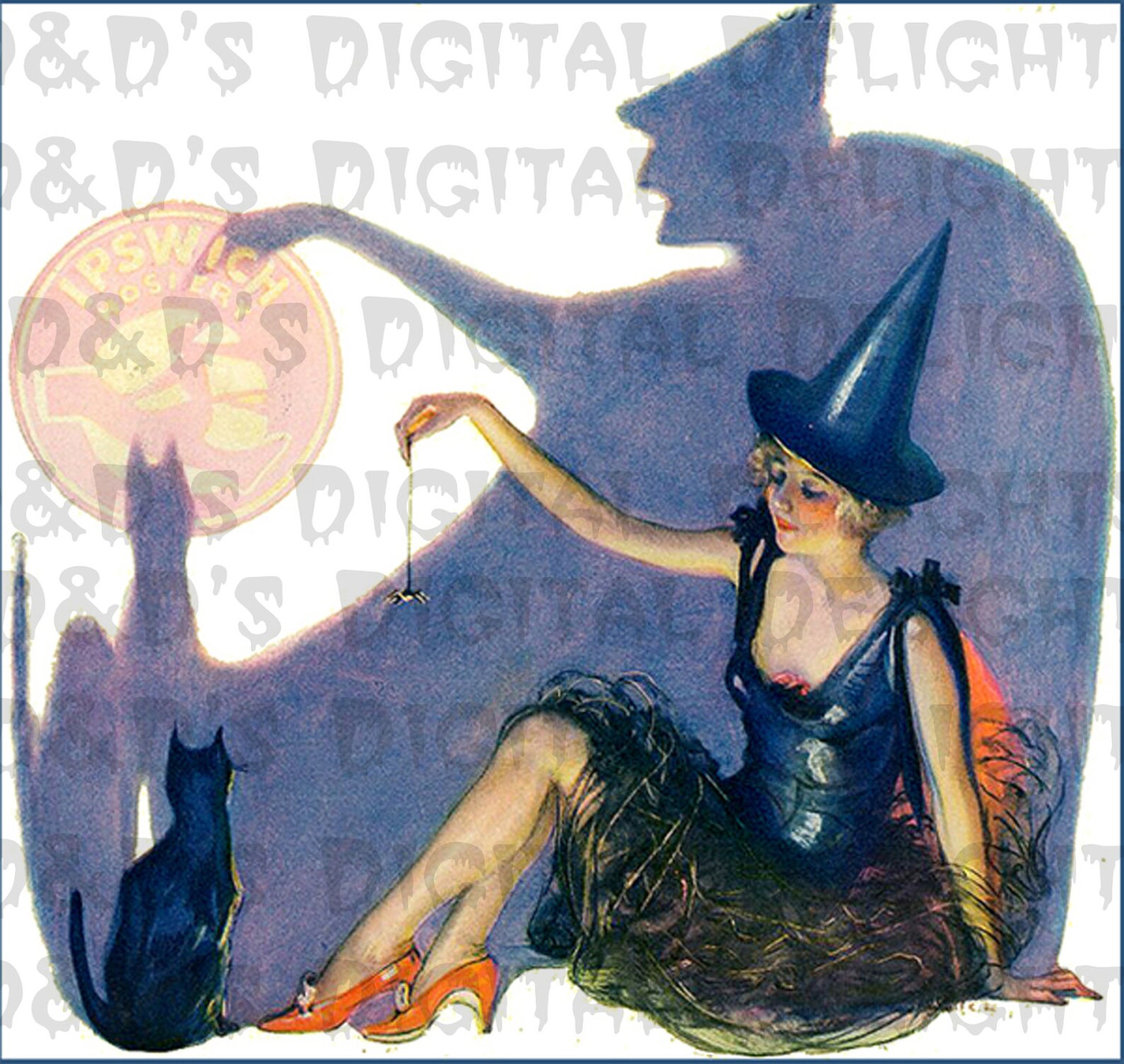 Deco Flapper Witch and Black Cat. VINTAGE Halloween Digital - Etsy