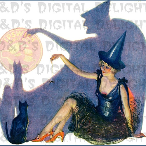 Deco Flapper Witch and Black Cat. VINTAGE Halloween Digital - Etsy