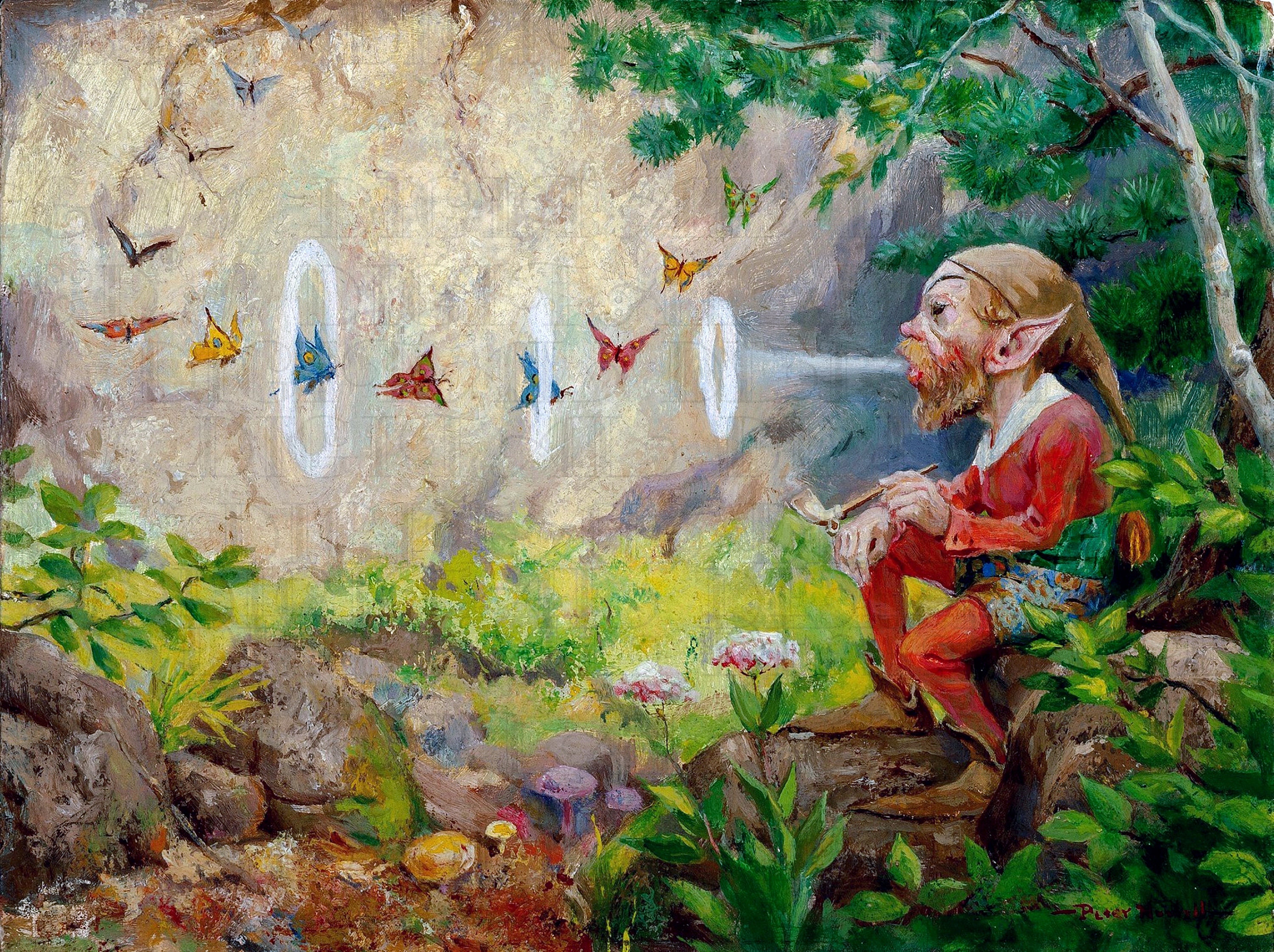 Elf Gnome Blowing Smokerings Vintage Gnome Illustration Etsy