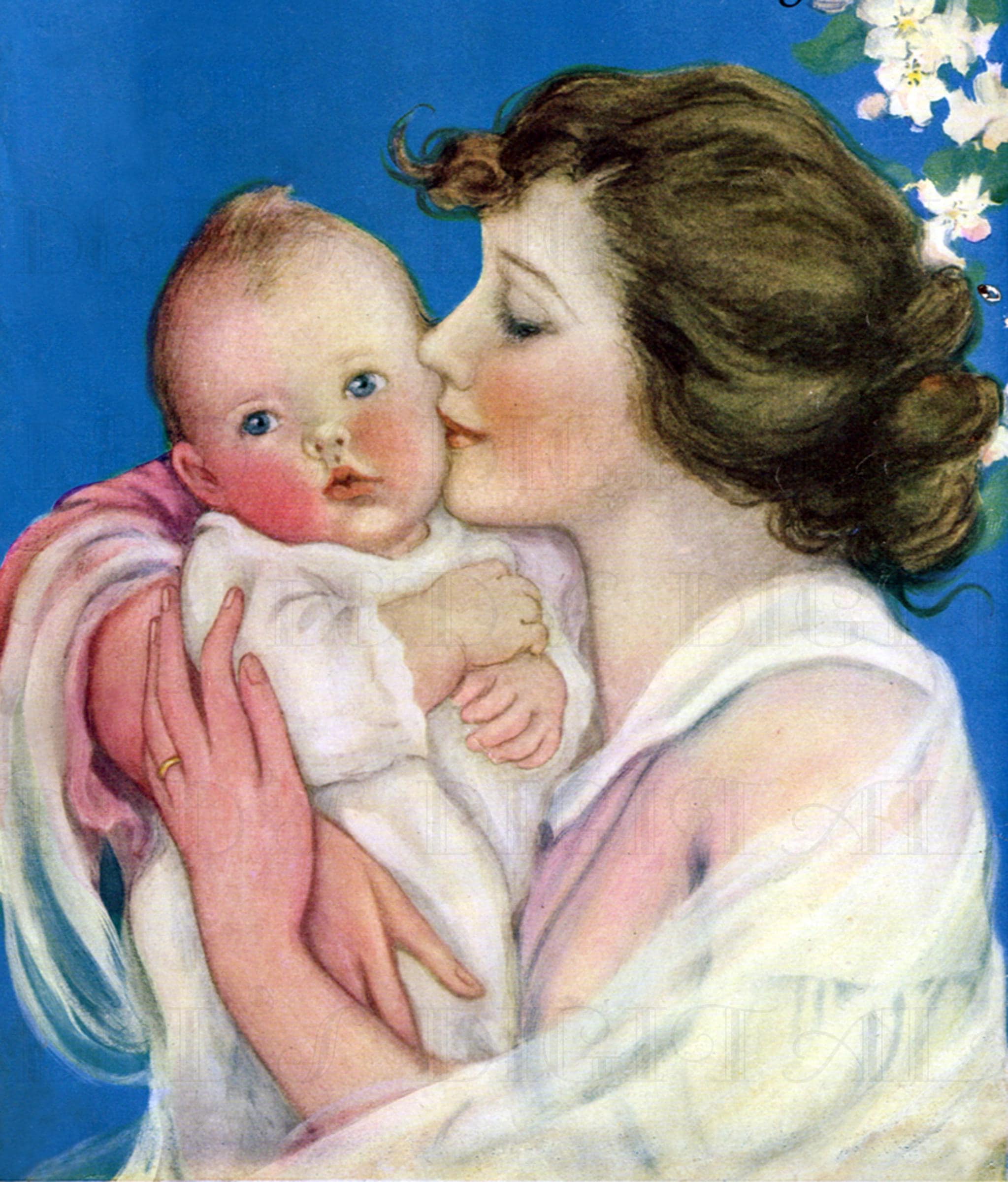 Sweet Baby Kissed by Mother. Soft Lovely Edwardian/deco Illustration ...