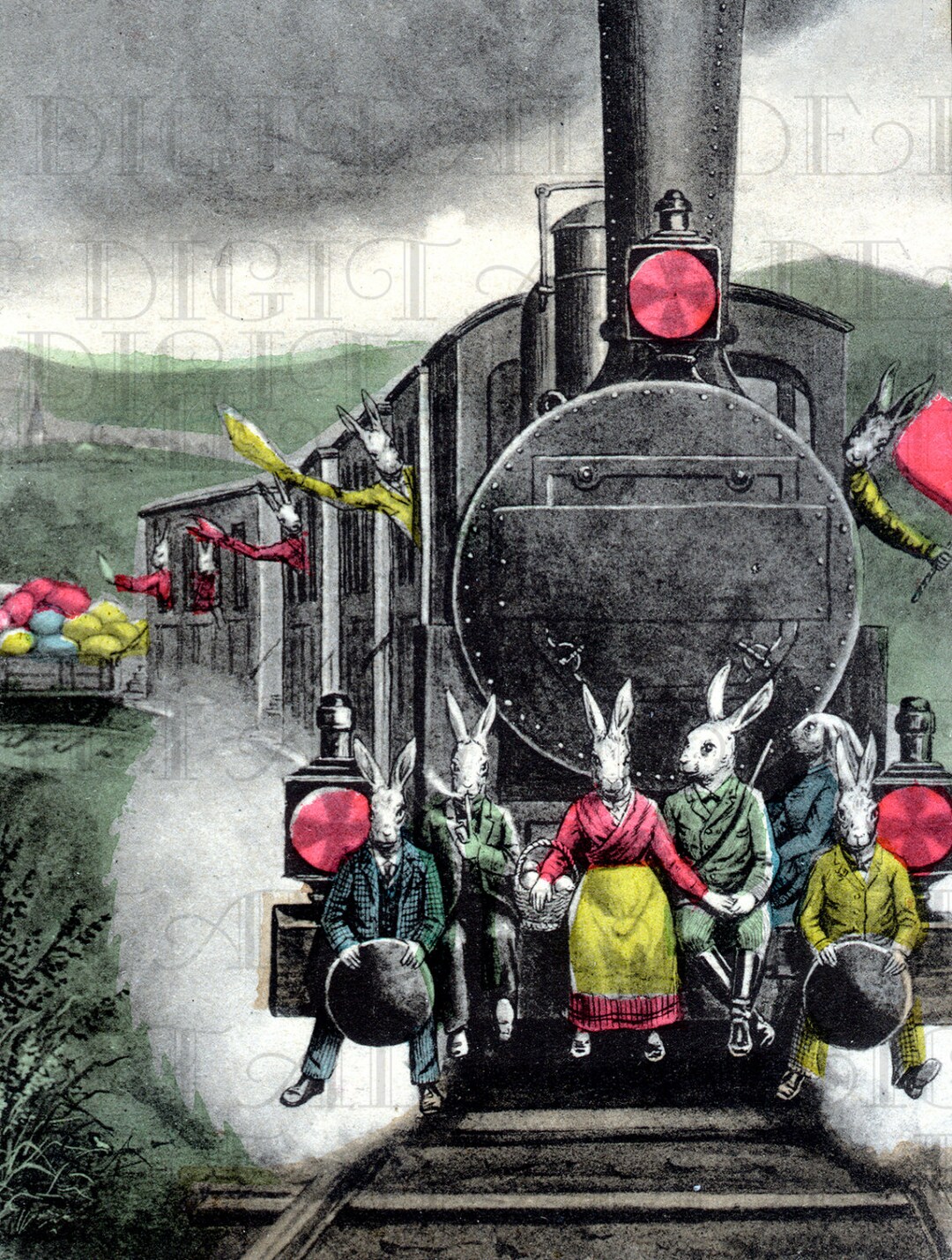 Weird Easter RABBITS Ride Outside of TRAIN.. EASTER Postcard. Vintage ...