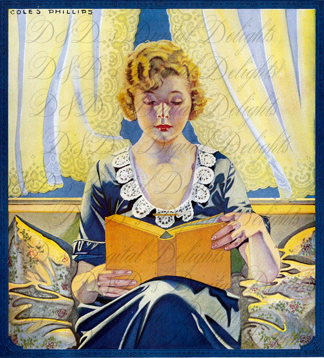 Gorgeous Art Deco Flapper READING. Vintage Books ILLUSTRATION. Reading ...