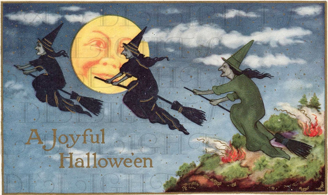 Three FLYING Witches Inthe Night. Vintage HALLOWEEN Digital Download ...
