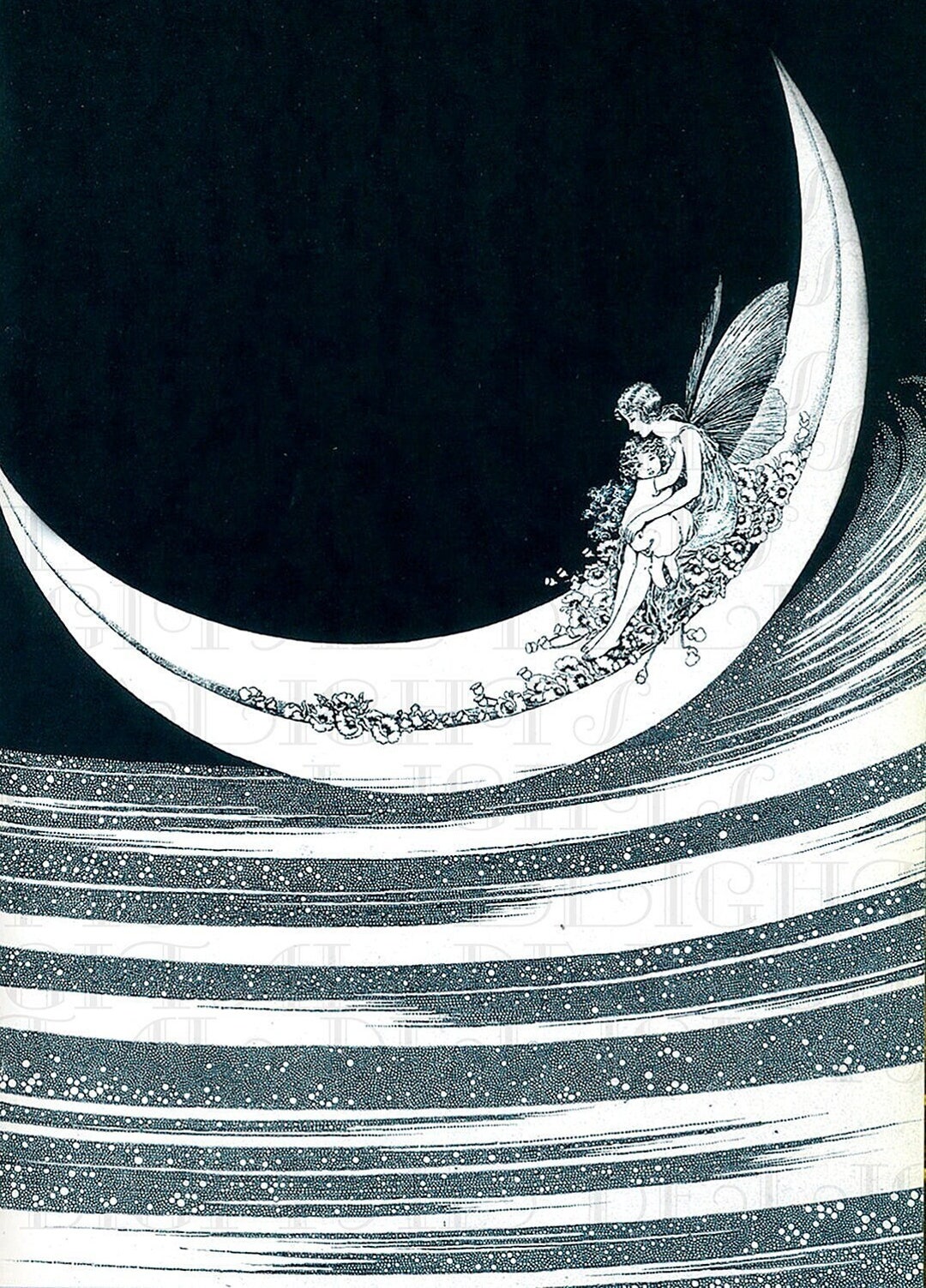 Dreamy Mother & Child on Half MOON on Starry Waves!! Fairy Vintage ...
