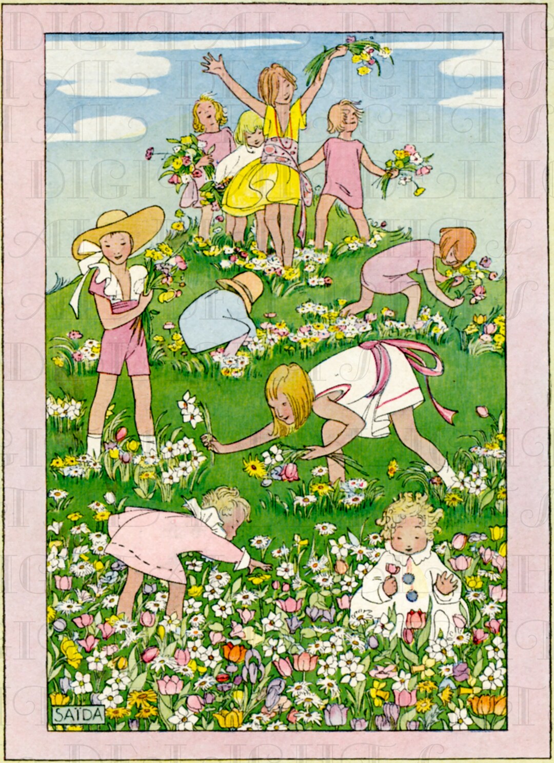Joyful Children Picking Spring Flowers! Vintage Illustration! Vintage ...