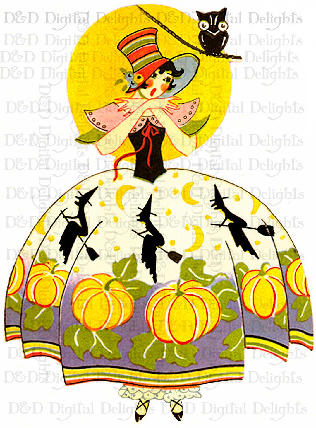 RARE! Vintage Halloween Illustration. Deco FLAPPER! Flying Witch ...