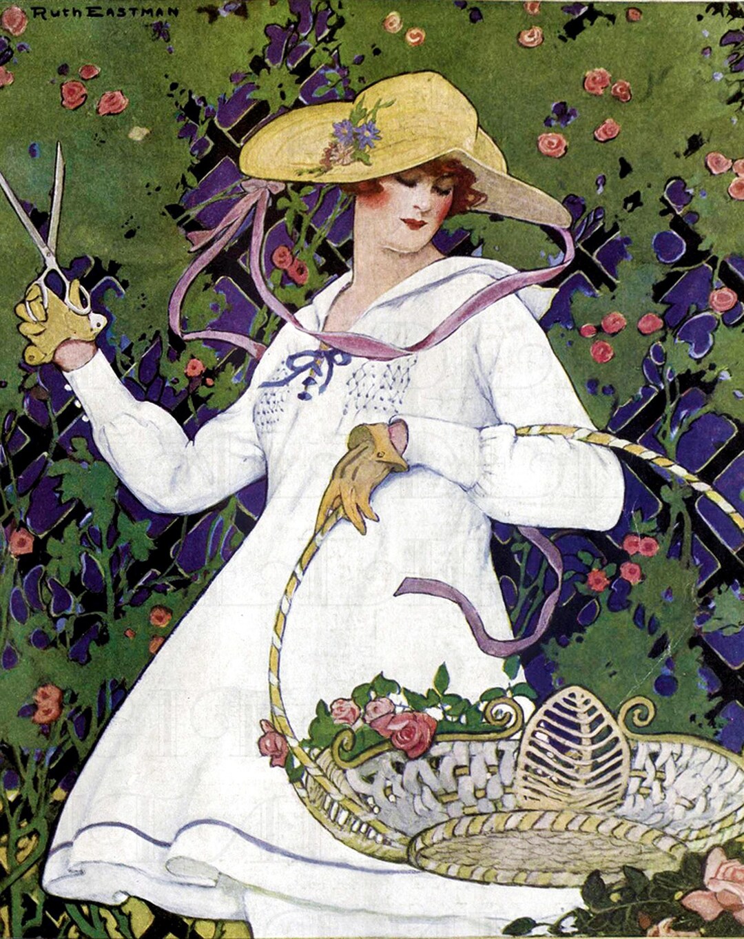 Lady Gathering Flowers Vintage Illustration. GARDEN Vintage ...