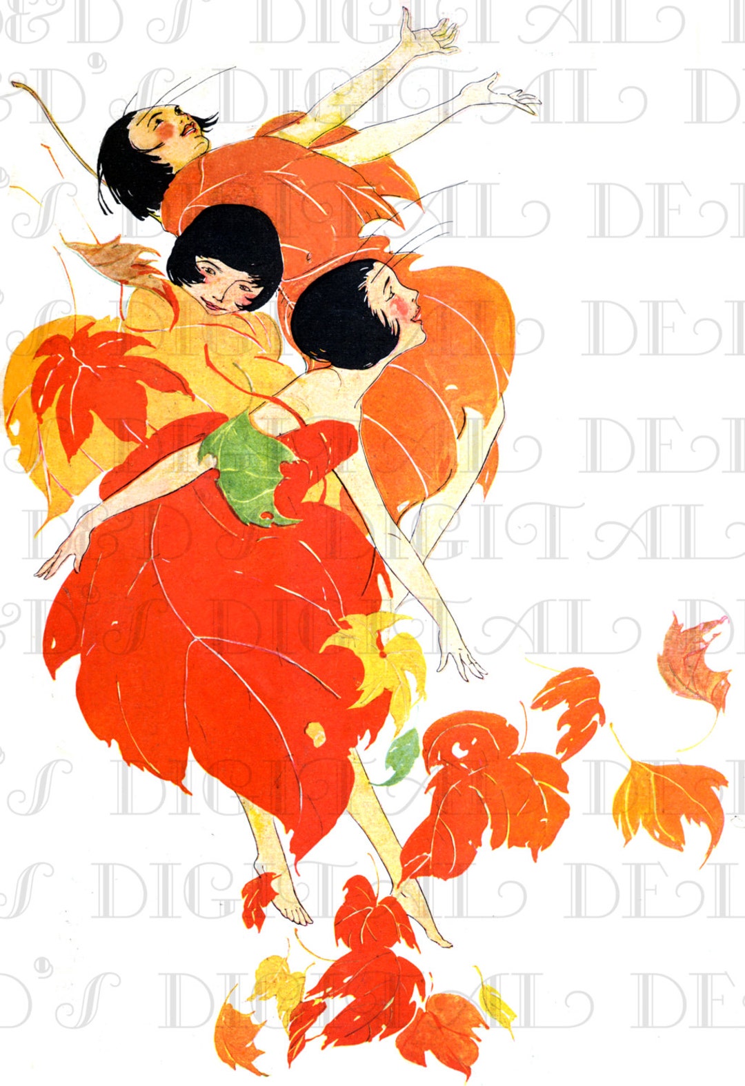 STUNNING Art Deco Fall Flappers as LEAVES Vintage Autumn Illustration ...
