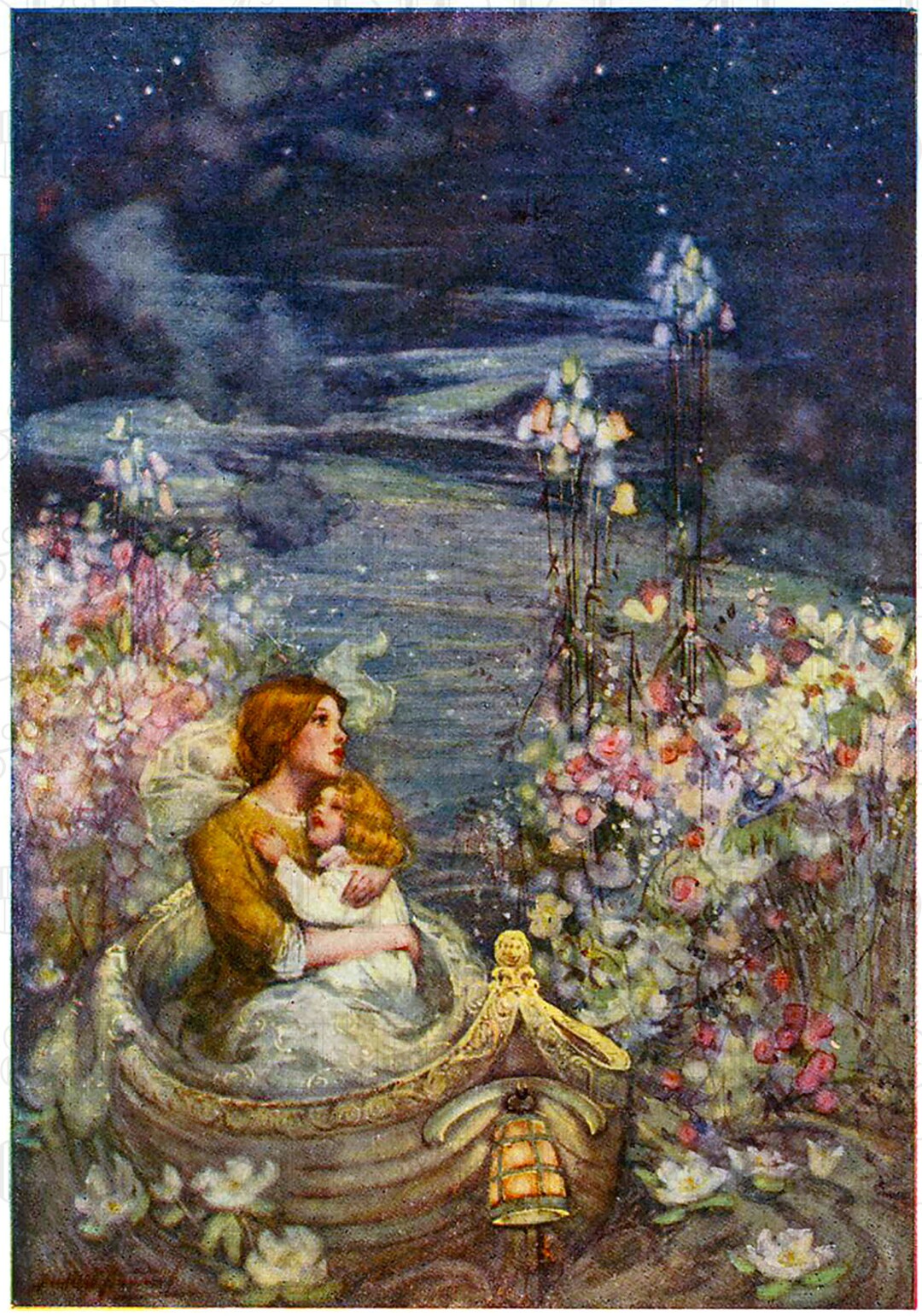 Beautiful Lush Boat Among Fairy Garden. VINTAGE Fairy Illustration ...