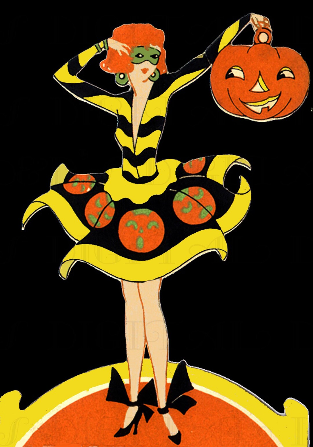 Vintage Halloween Flapper Illustration: Masked Woman, Digital Download ...