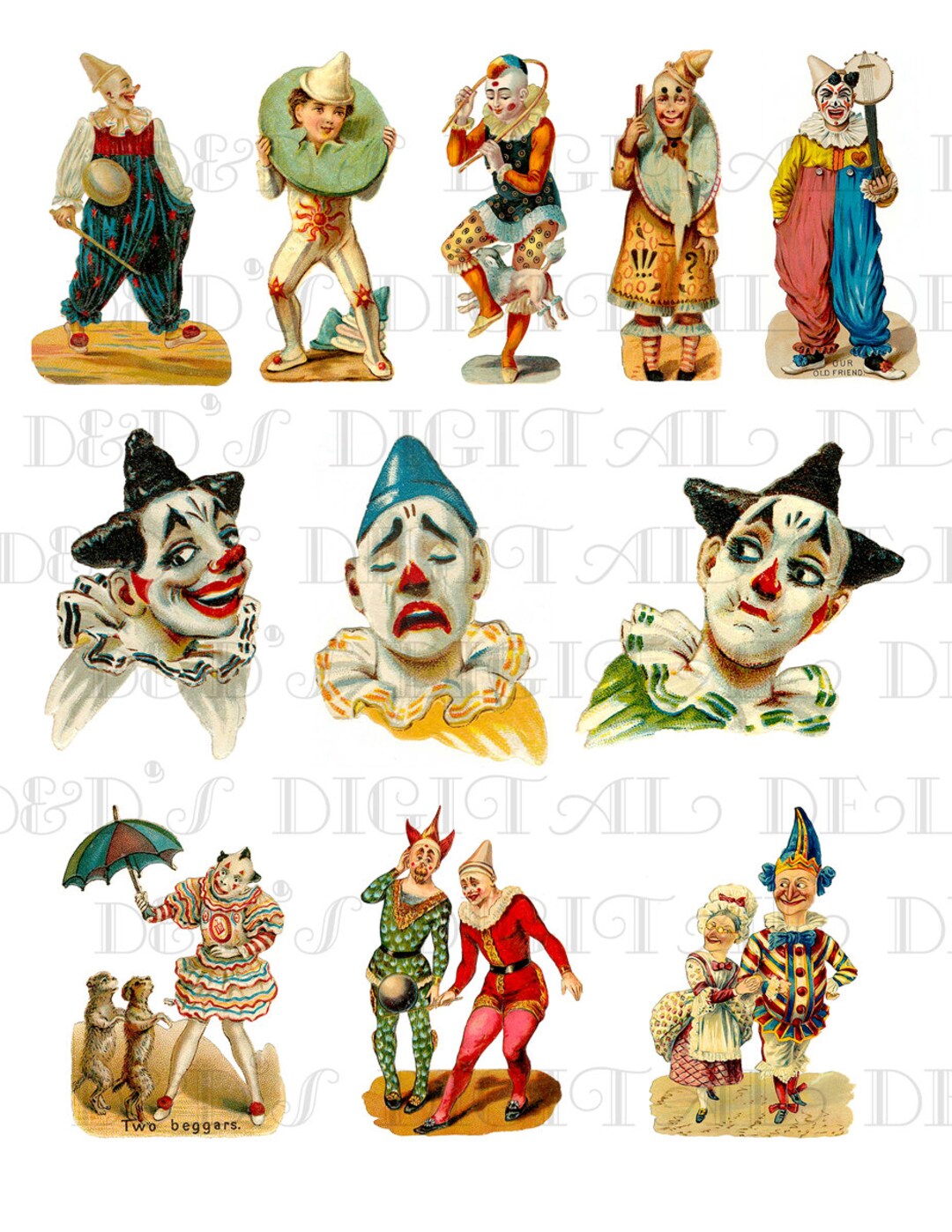 Antique CLOWNS! Digital Printable Circus Clown COLLAGE. Digial Clip Art ...