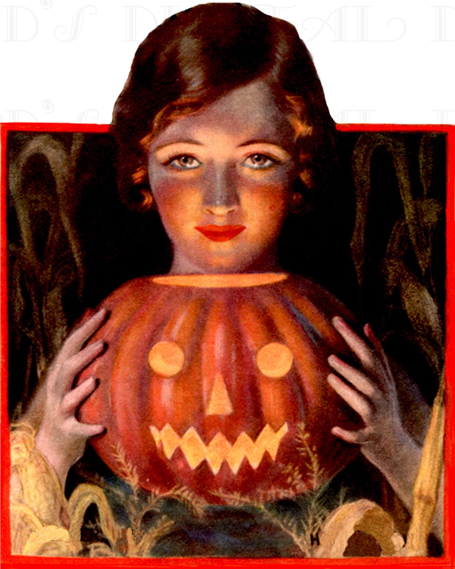 Vintage Halloween Flapper Illustration: Jack O' Lantern, 1920s Art Deco ...