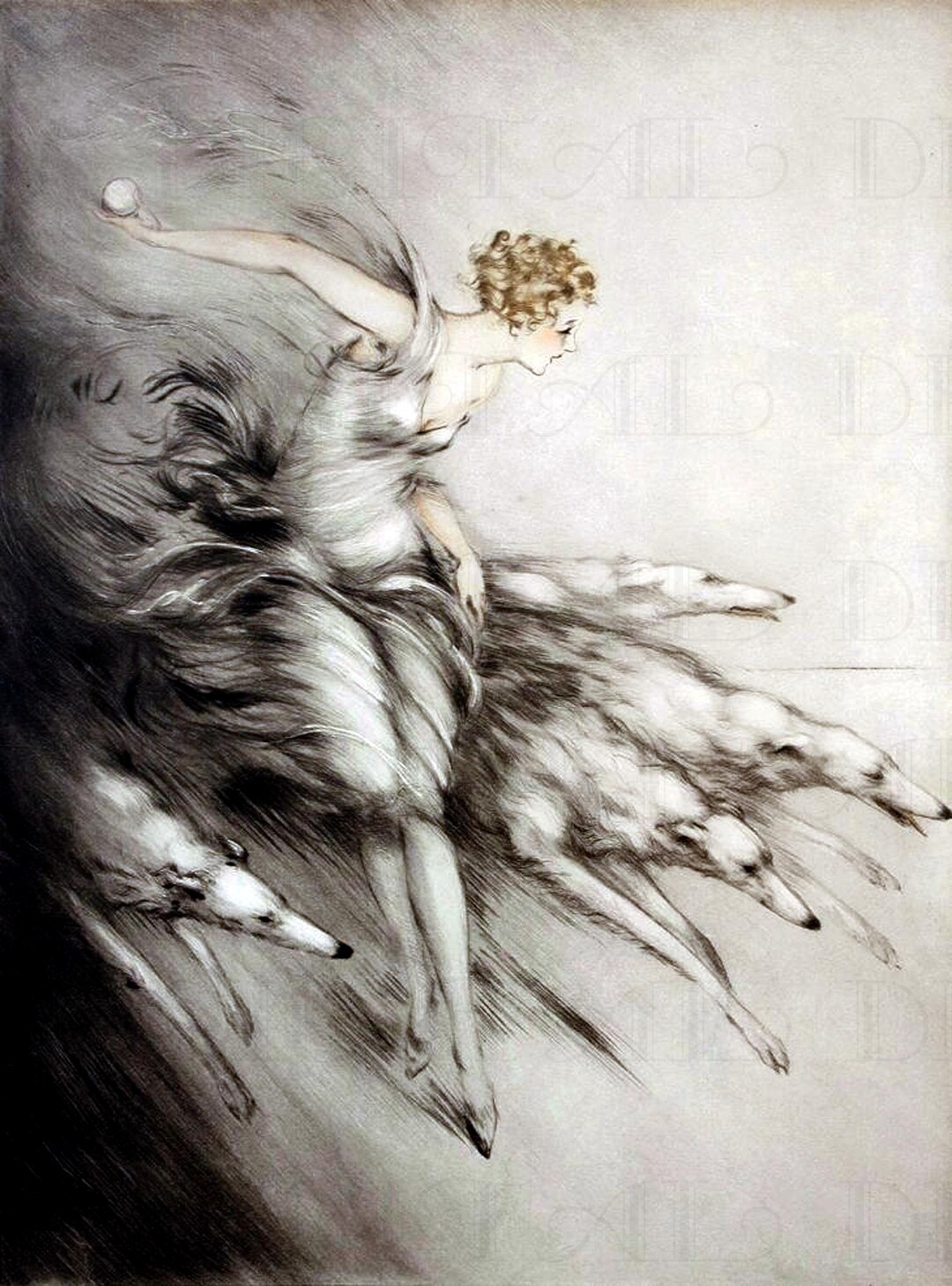 STUNNING Flapper and Her Bunch of Dogs. VINTAGE Illustration. Doggy DOG ...