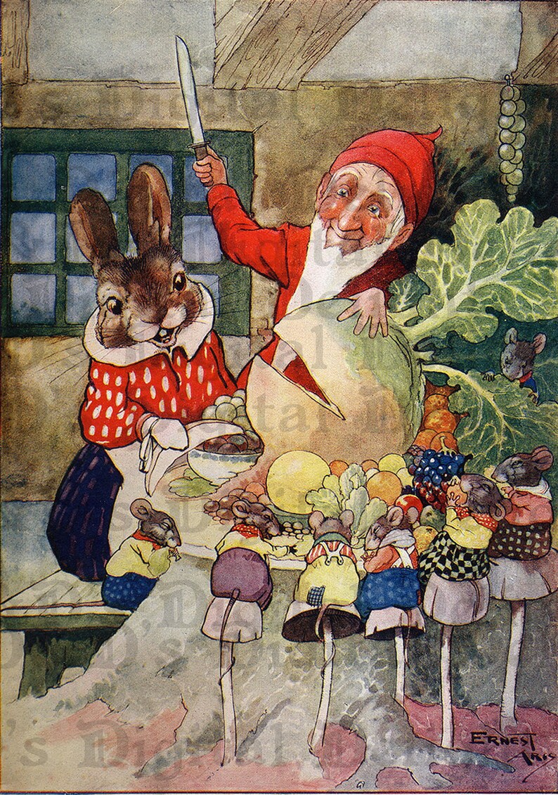 ADORABLE Gnome and Bunny. VINTAGE Fairy Tale DIGITAL Illustration ...