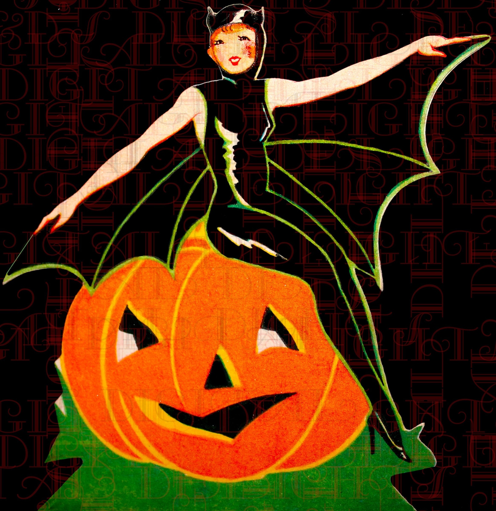 Art Deco Halloween Flapper as a Bat on Pumpkin: Vintage Bridge Tally ...